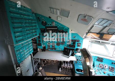Interior view of the cockpit of an old Ilyushin Il-62 "Classic" long ...
