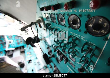 Interior view of the cockpit of an old Ilyushin Il-62 "Classic" long ...