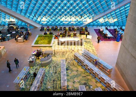 Top Floor Of Seattle Central Library With Sloped Glass Roof; Seattle ...