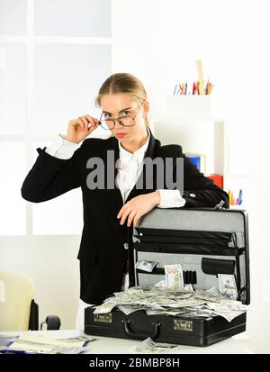 Financial success. Financial expert. Woman counting money. Accountant ...