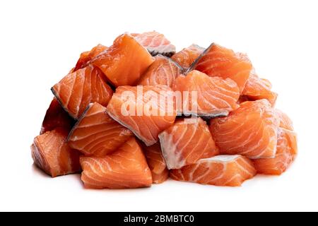 Salmon fillet cubes isolated on white background Stock Photo - Alamy