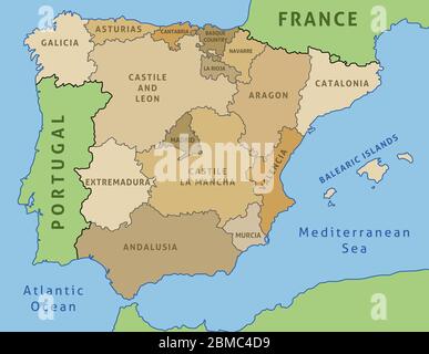 Spain autonomous communities and provinces vector map with neighbouring countries and ...