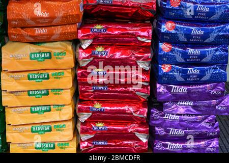 Stacks of bags of rice in an Asian supermarket in the East End of ...