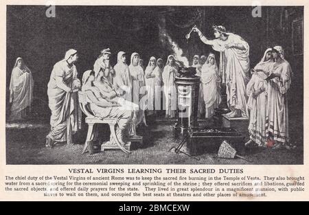 Priestesses of the goddess Vesta in the temple. Engraving Stock Photo ...