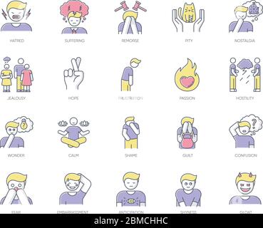 Human feelings RGB color icons set. Positive and negative emotions ...