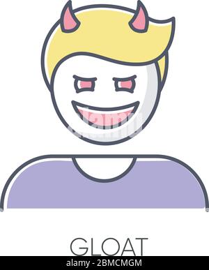 Cartoon face vector icon, gloat emoji with angry eyes and smirk smiling ...
