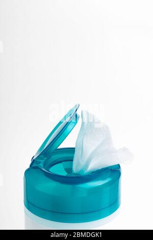 A close-up shot of an open aquamarine push top cap of a disinfectant ...