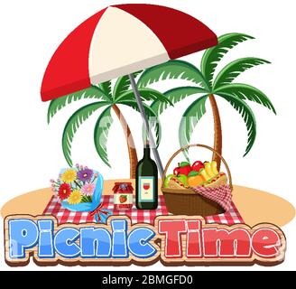 Font design for picnic time with food and flowers illustration Stock ...