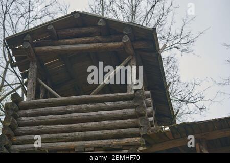 Reconstructed ancient wooden fortification in the outdoor archeological ...