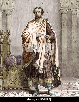 Lothaire (941-986) King of France from 954, shown wearing a crown and ...