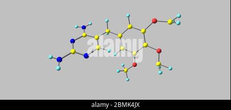 Trimethoprim antibiotic drug, chemical structure. Atoms are represented ...