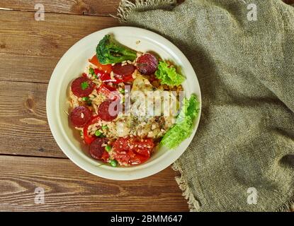Baked rabbit chorizo rice, spiced with chorizo, paprika and saffron ...