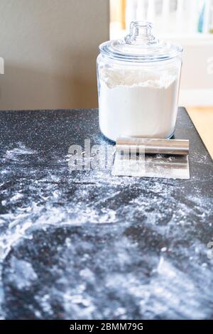 Kitchen countertop covered with all purpose flour after baking Stock ...