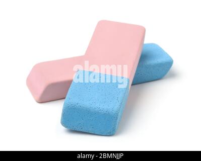 Two red and blue eraser on a white background, isolated Stock Photo - Alamy