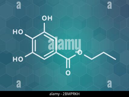 Propyl gallate antioxidant food additive molecule. Stylized skeletal ...