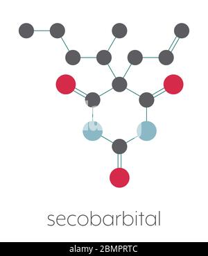 Secobarbital barbiturate sedative, chemical structure. Atoms are ...