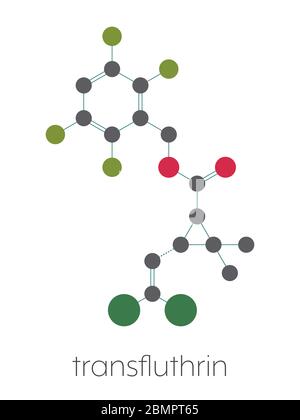 Transfluthrin insecticide molecule. Stylized skeletal formula (chemical structure): Atoms are ...