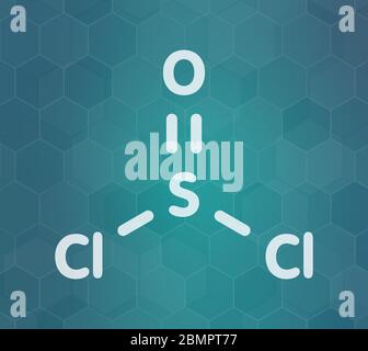Thionyl chloride (SOCl2) chemical reagent molecule. Stylized skeletal ...