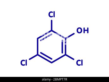 Trichlorophenol (TCP, 2,4,6-trichlorophenol) molecule. Skeletal formula ...