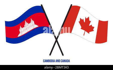 Cambodia and Canada flags waving together on blue cloudy sky, two ...
