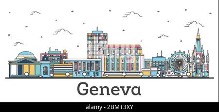 Geneva Switzerland City Skyline with Color Buildings Isolated on White ...