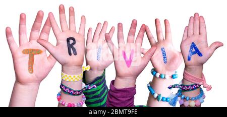 Children Hands Building Word Fact, Snowy Winter Background Stock Photo ...
