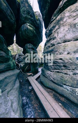 Stolowe Mountains National Park. Path in Rock Labyrinth hiking trail ...