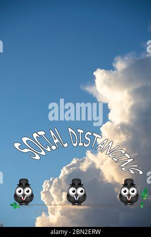 Comical bird social distancing message with UK spelling isolated on ...