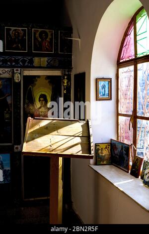 Interior of small Greek Orthodox Church on Crete Stock Photo - Alamy