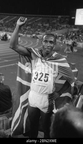 British 100m sprinter Linford Christie competing at the Securicor Games ...