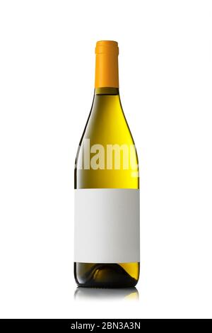 Transparent bottle of white dry wine on the table. White wine glass on ...