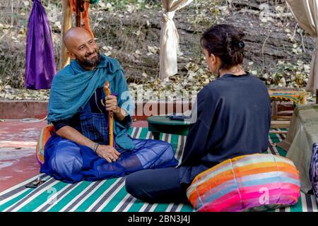 Zen master giving a dokusan (private talk with a disciple) during a ...