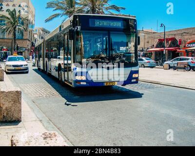 Tel Aviv Israel August 12, 2019 View of traditional city bus rolling in ...