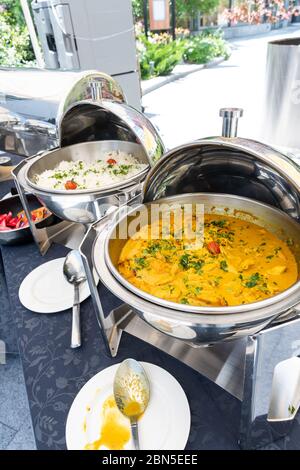 Live food stations. Kitchenware in the line catering summer brunch ...