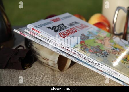 Asterix and the Chariot Race, pile of books, English version in Gaul ...