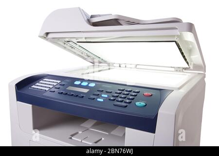 Copier scanner with a bright light inside. Office hazards concept ...