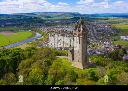 Aerial view of the National Wallace monument in Stirling, Scotland, UK ...