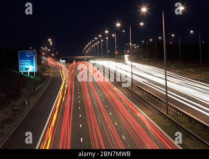 1997, night time traffic on the M1 motorway, Wakefield, West Yorkshire ...
