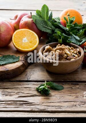 romaine salad on walnut wood table, wide photo Stock Photo - Alamy