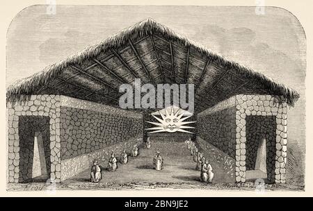 Incan Temple of the Sun in Cuzco Peru 1500s. Hand-colored woodcut Stock ...
