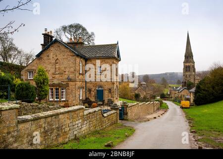 Edensor village and church in winter, Chatsworth Estate, Derbyshire ...