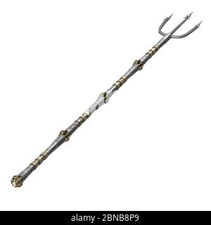 metallic long trident on an isolated white background. 3d illustration ...