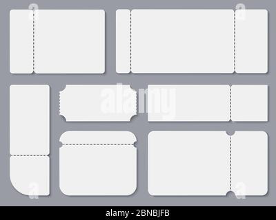 Blank tickets. White theater and cinama ticket mockup. Lottery coupon ...