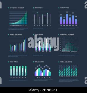 Charts, diagrams and graphs colorful vector illustrations set. Dot, pie and dots bright neon ...