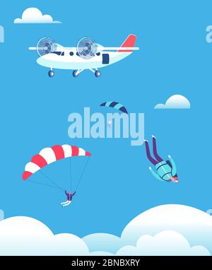 Parachutist jump. Paratrooper fly in the sky. Skydiving. Hand drawn ...