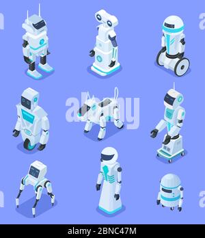 Isometric robot assistant set robots help humans in daily routine tasks and in specific complex ...
