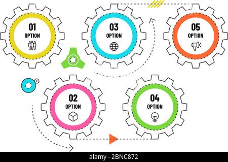 Gears infographic. Engineering timeline concept with 5 options. Workflow diagram, process ...