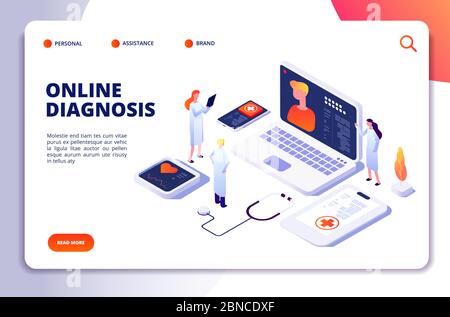 Online diagnosis isometric landing page vector template. Online doctor ...