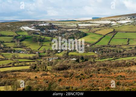 The village of Widecombe-in-the-Moor and Widecombe Vale, seen from ...