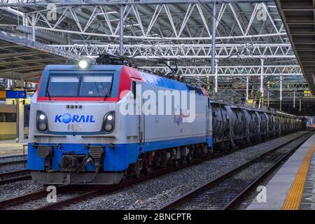 Seoul,South Korea 1/9/2020 Freight train car of Korail company with ...